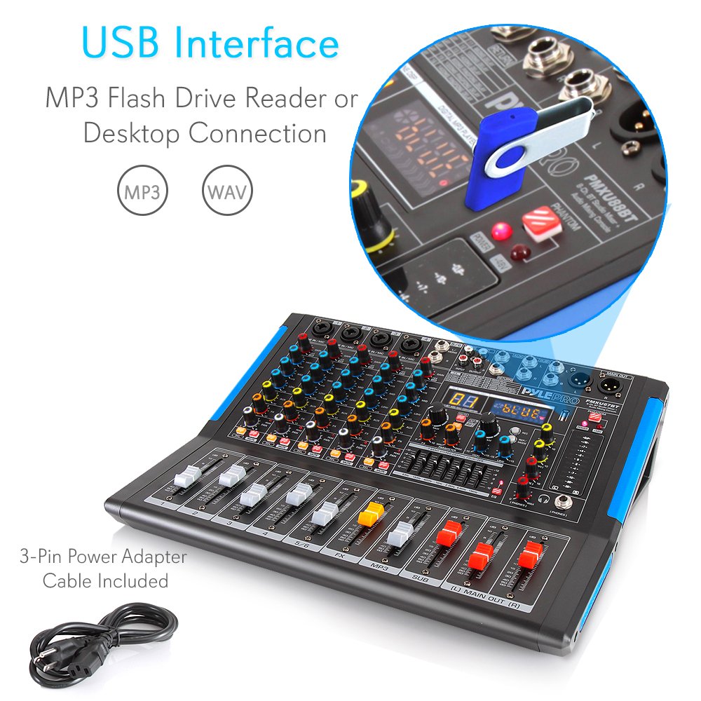 Pyle 6-Channel Bluetooth Studio Audio Mixer - DJ Sound Controller Interface with USB Drive for PC Recording Input, XLR Microphone Jack, 48V Power, I/O for Professional and Beginners - PMXU67BT