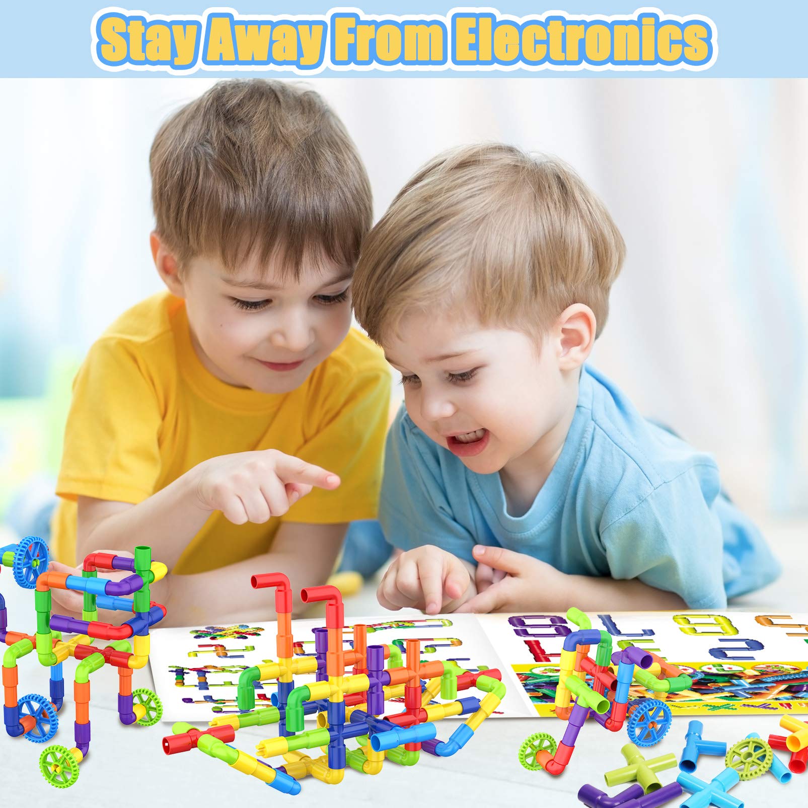 WishaLife 175 Pieces STEM Building Blocks Set, Kids Tube Locks Construction Set with Baseplate, Preschool Educational Pipe Toy Gift for Toddler Aged 3+