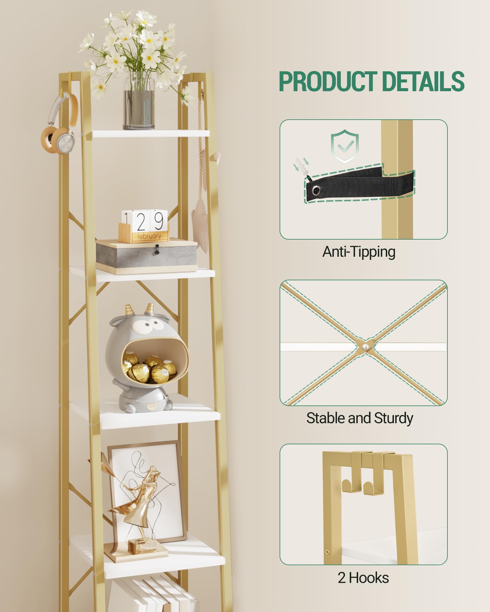 Hzuaneri Ladder Shelf, Bookshelf Bookcase, Freestanding Corner Storage Shelve with 2 Hooks for Home Office, Living Room, Kitchen, Bedroom, Industrial, 5-Tier White Gold BC03213G