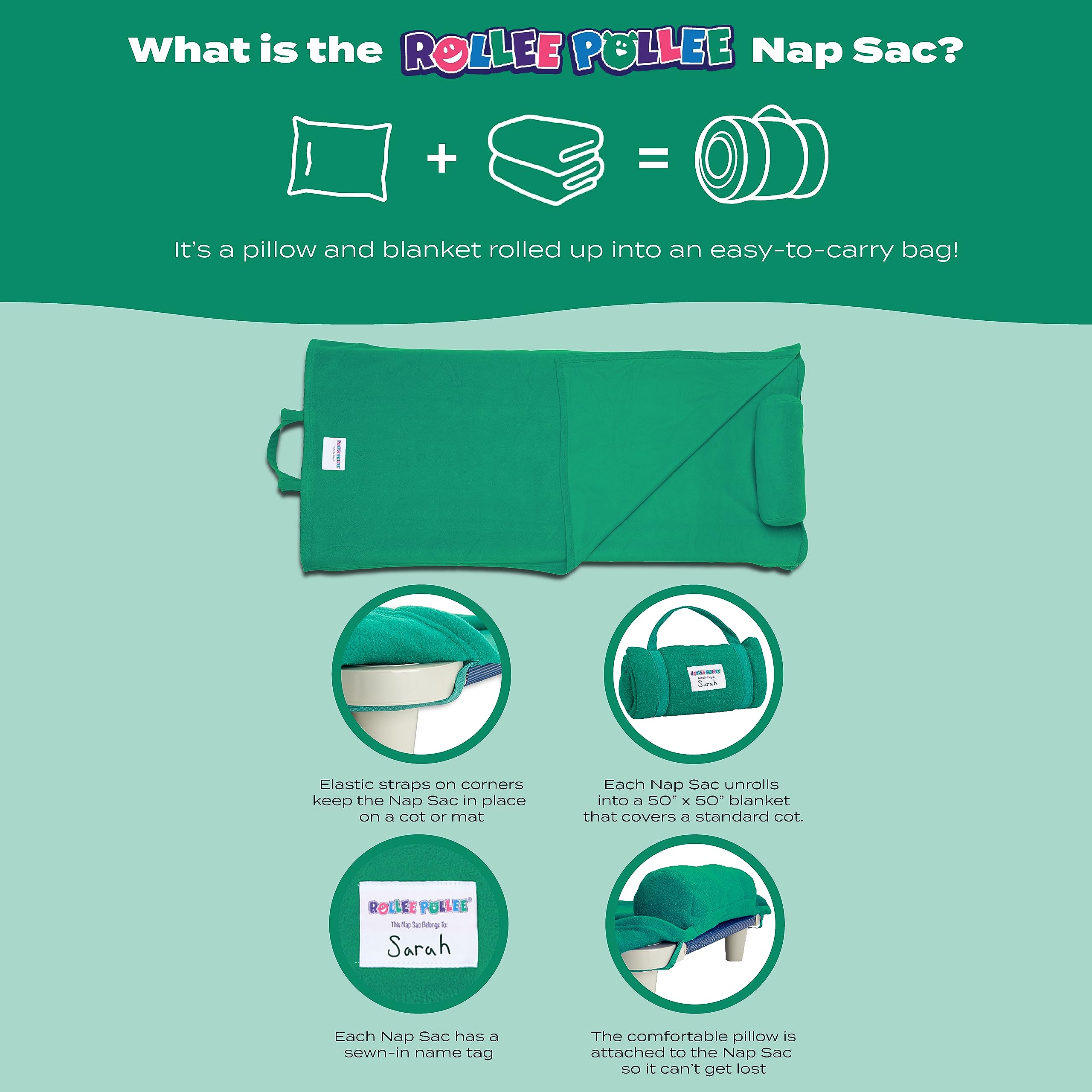 ROLLEE POLLEE Nap Sac Roll Up Napping Blanket with Attached Pillow for Preschool/Daycare, Super Soft with Elastic Straps, Fits Most Mats and Cots (Pink)