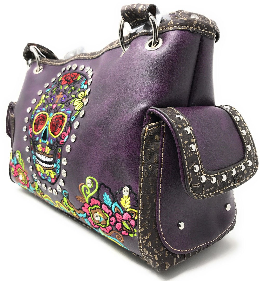 Western Women's Artistic Flora Embroidery Skull Handbag in 3 Colors G939SUK-D (Purple)