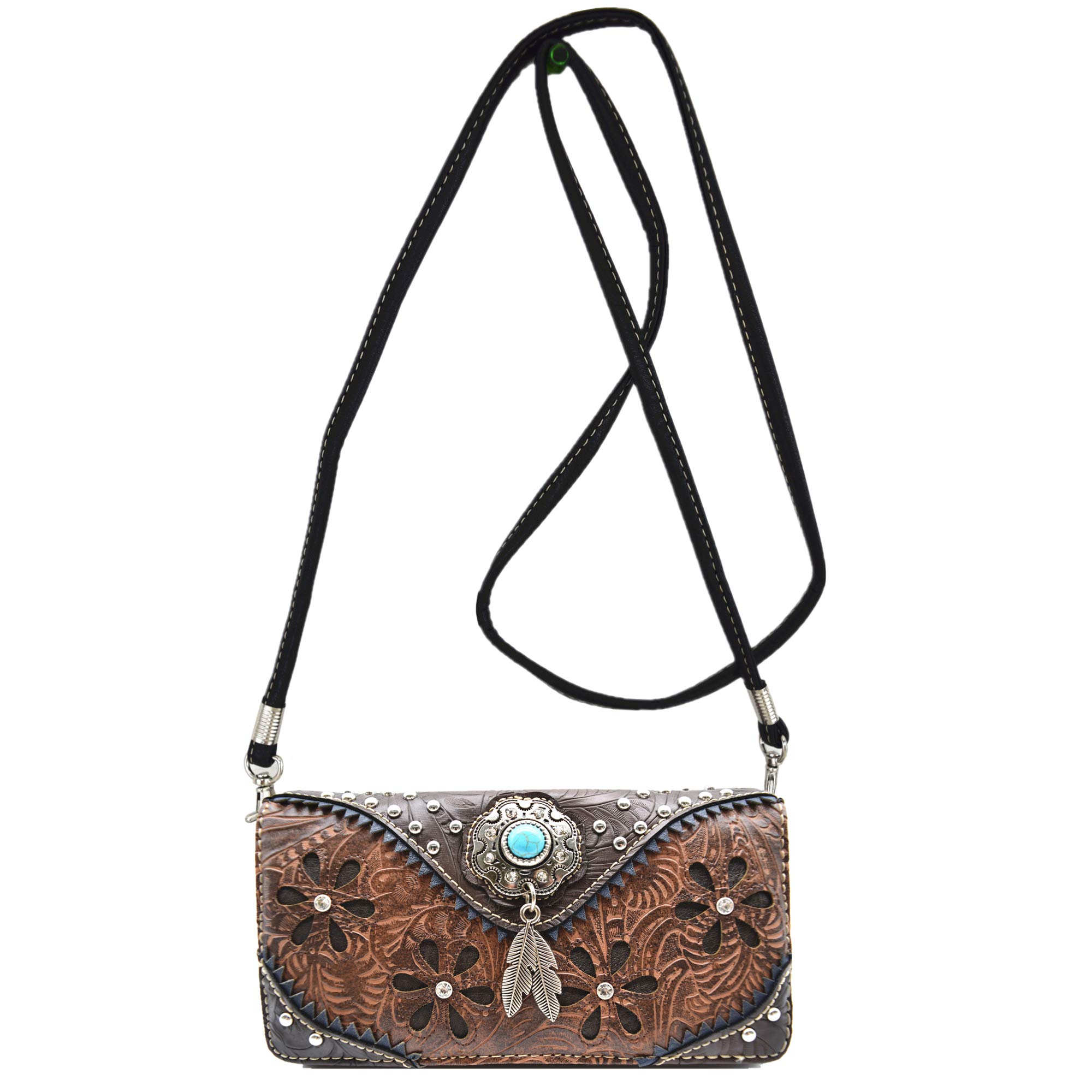 Western Feather Tooled Leather Floral Laser Cut Flower Purse Studs Single Shoulder Bag Clutch Women Trifold Wristlets Wallet (Coffee)