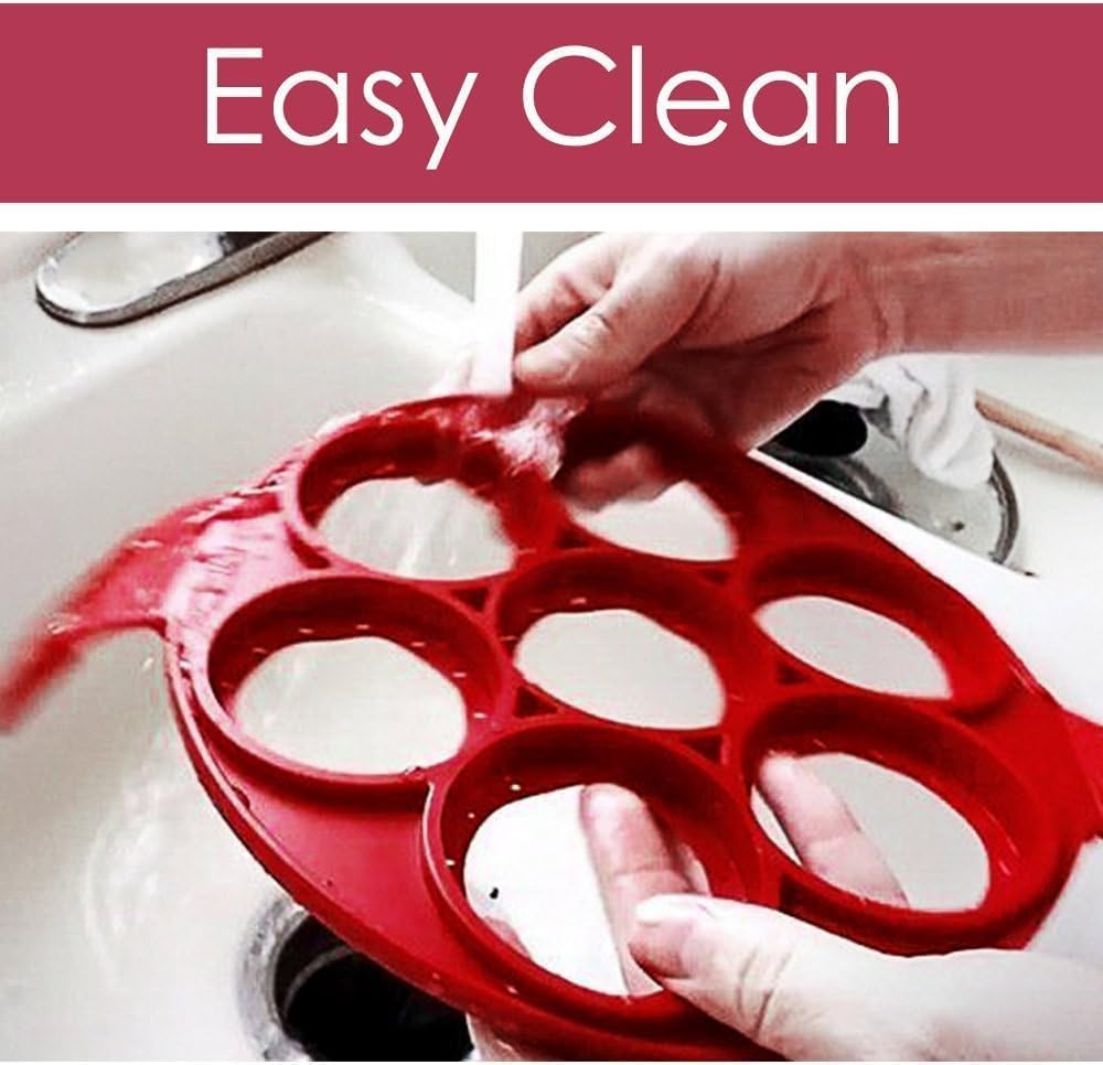 Flip N Cook Pancake, Flip N Cook Silicone Pancake Mold, Flip and Cook Pancake Maker, Reusable Fried Egg Molds, Flip'n'cook Silicone Pancake Mold, Reusable silicone omelet mold (Round-Red+Heart-Pink)