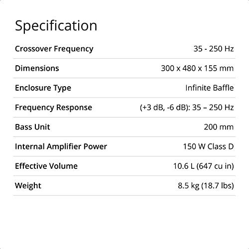 Q ACOUSTICS 3060S Active Subwoofer Graphite Gray - Enclosure Type: Infinite Baffle, 8" Driver, 150 Watt Class D Amplifier - Powered Home Audio Subwoofers for Home Theater Sound System