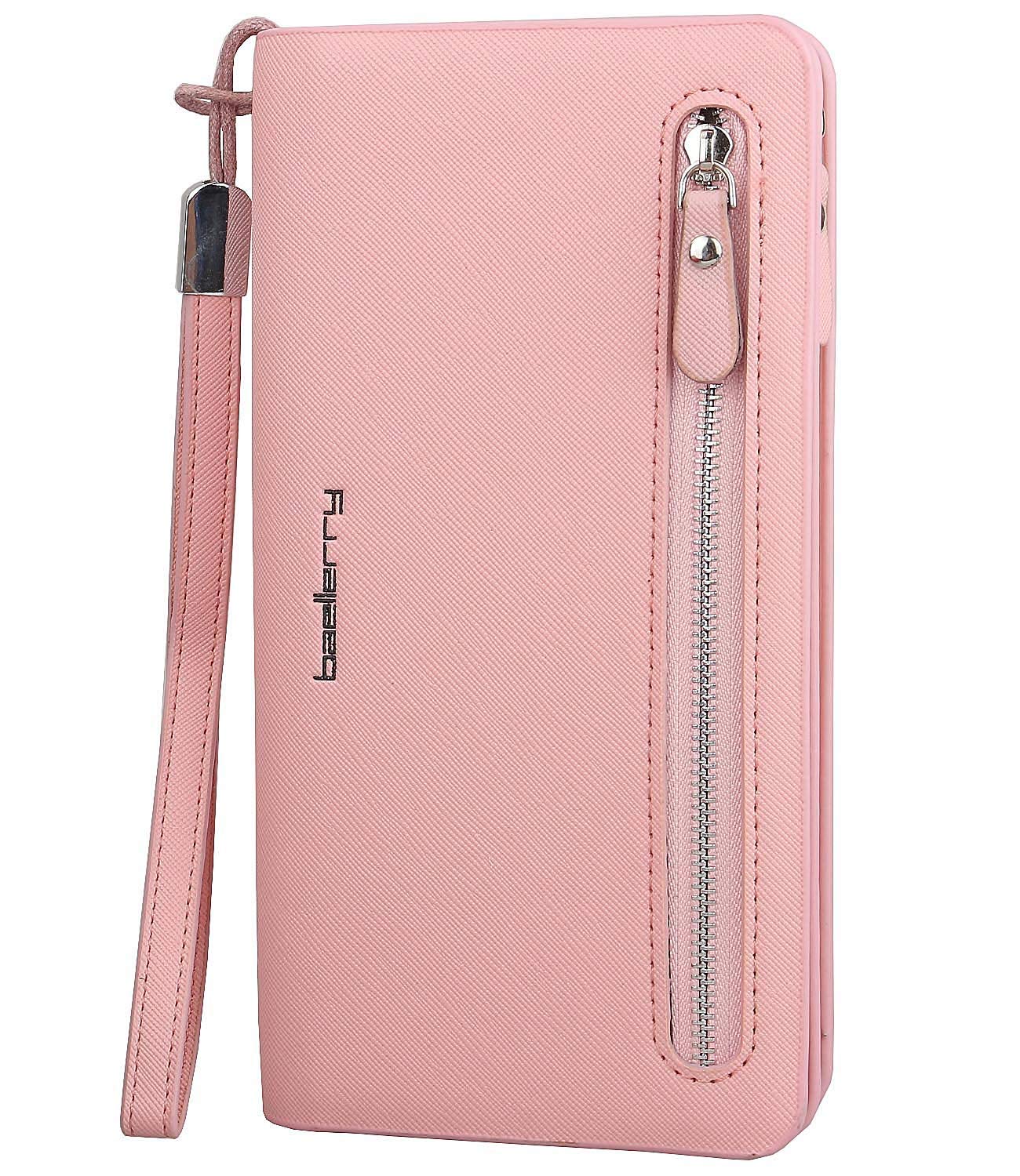 Women’s Long PU Leather Wallet with Credit Card Holders Money Organizer Zipper Purse Wristlet Handbag (A Pink)