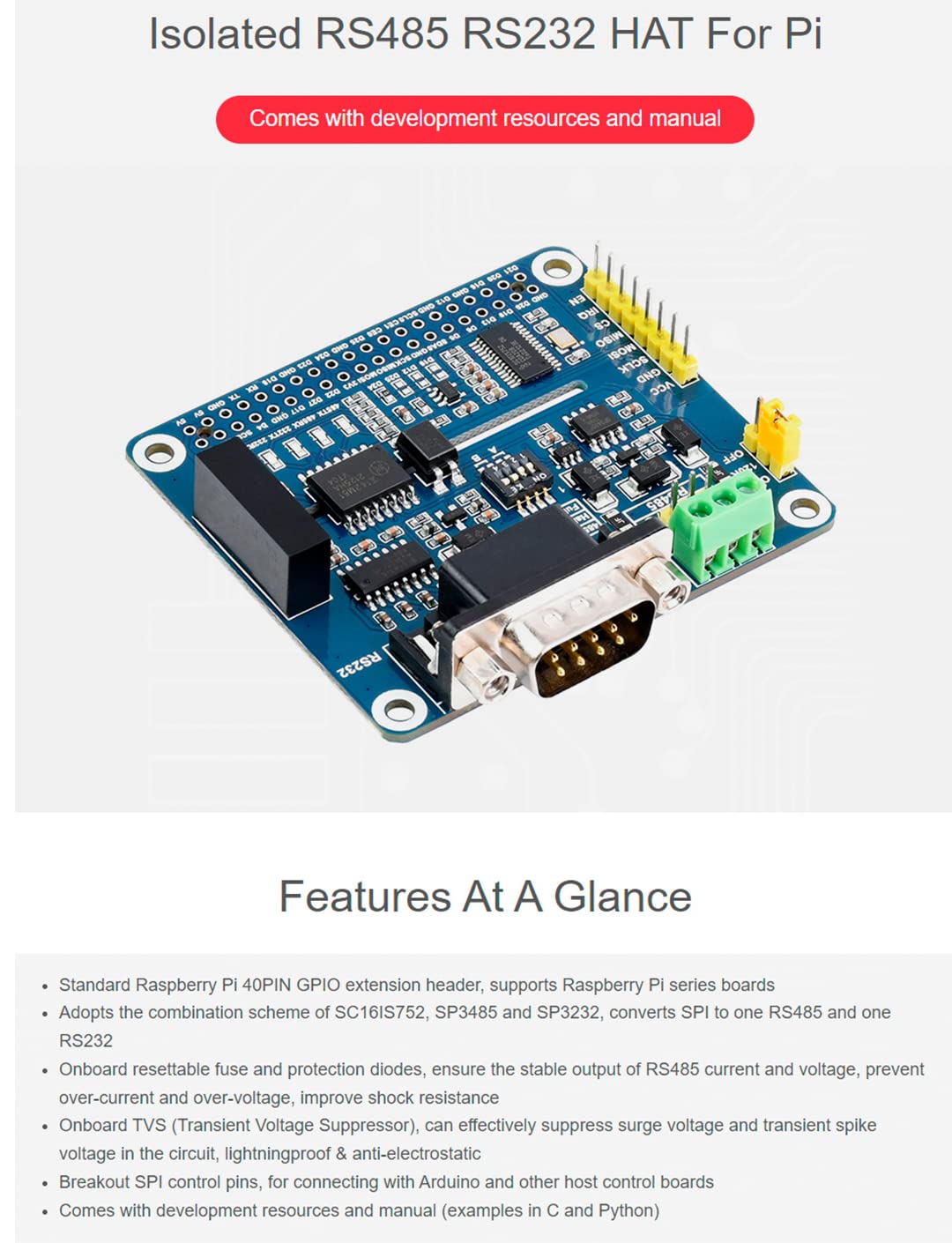 Isolated RS485 RS232 Expansion HAT Board for Raspberry Pi 4B/3B+/3B/2B/Zero/Zero 2 W/Zero 2 WH, SPI Control Onboard Protection Circuits