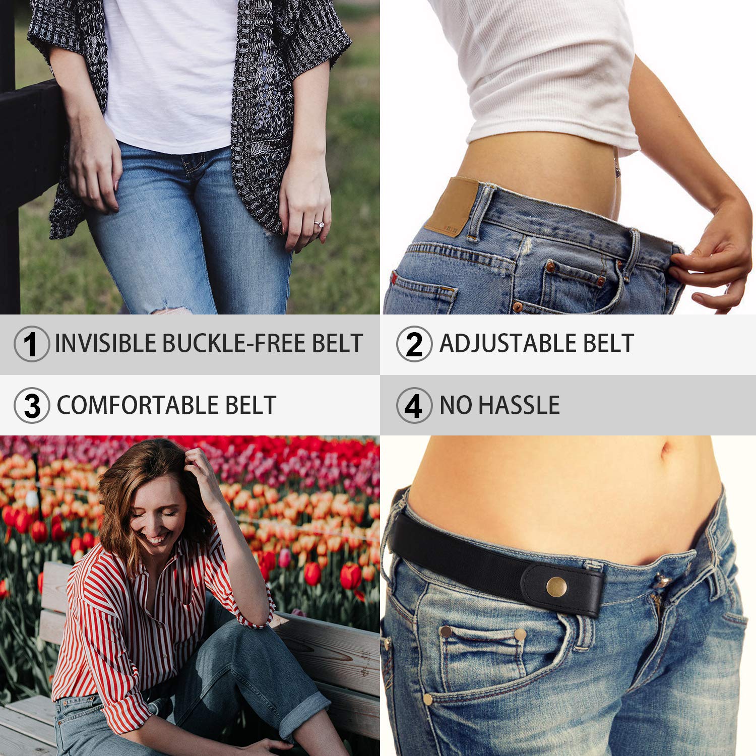 WHIPPY 4 Pieces No Buckle Stretch Women Belt for Jeans Pants, Buckle Free Comfortable Invisible Elastic Belts (Black Khaki Blue Brown, Fit Pants Size 32-48 Inches)