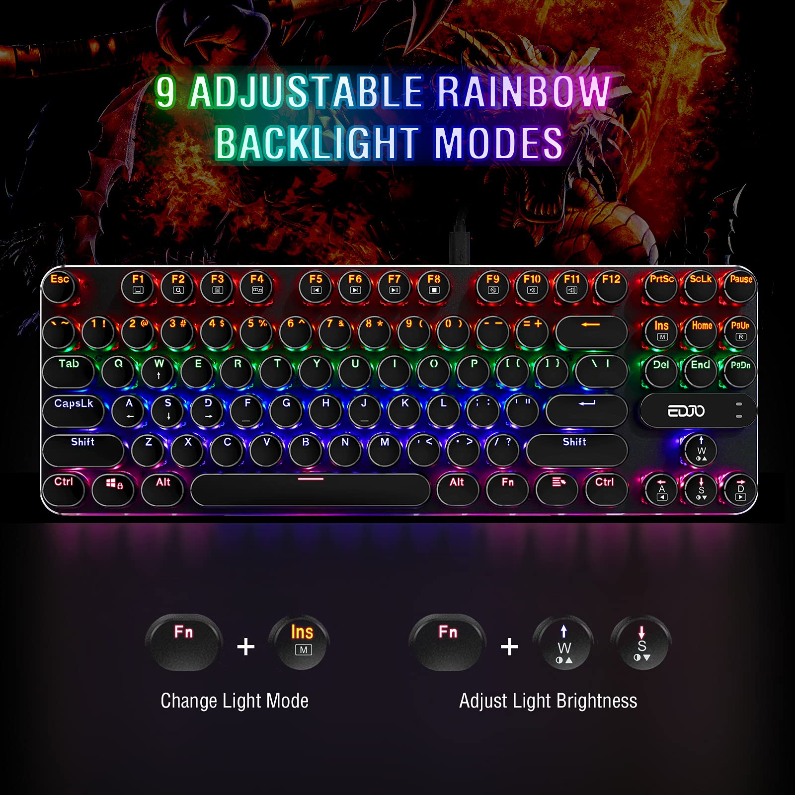 EDJO Mechanical Gaming Keyboard, 87 Keys Red Switches with LED Rainbow Backlit Wired Computer Gaming Keyboard for Windows PC Gamers