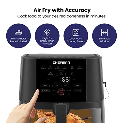 Chefman Air Fryer 8 Qt with Probe Thermometer, 8 Preset Functions, 1-Touch Digital Display Compact Cooker, Extra Large Nonstick Square Air Fryer Basket with Window, Dishwasher-Safe Parts, Black