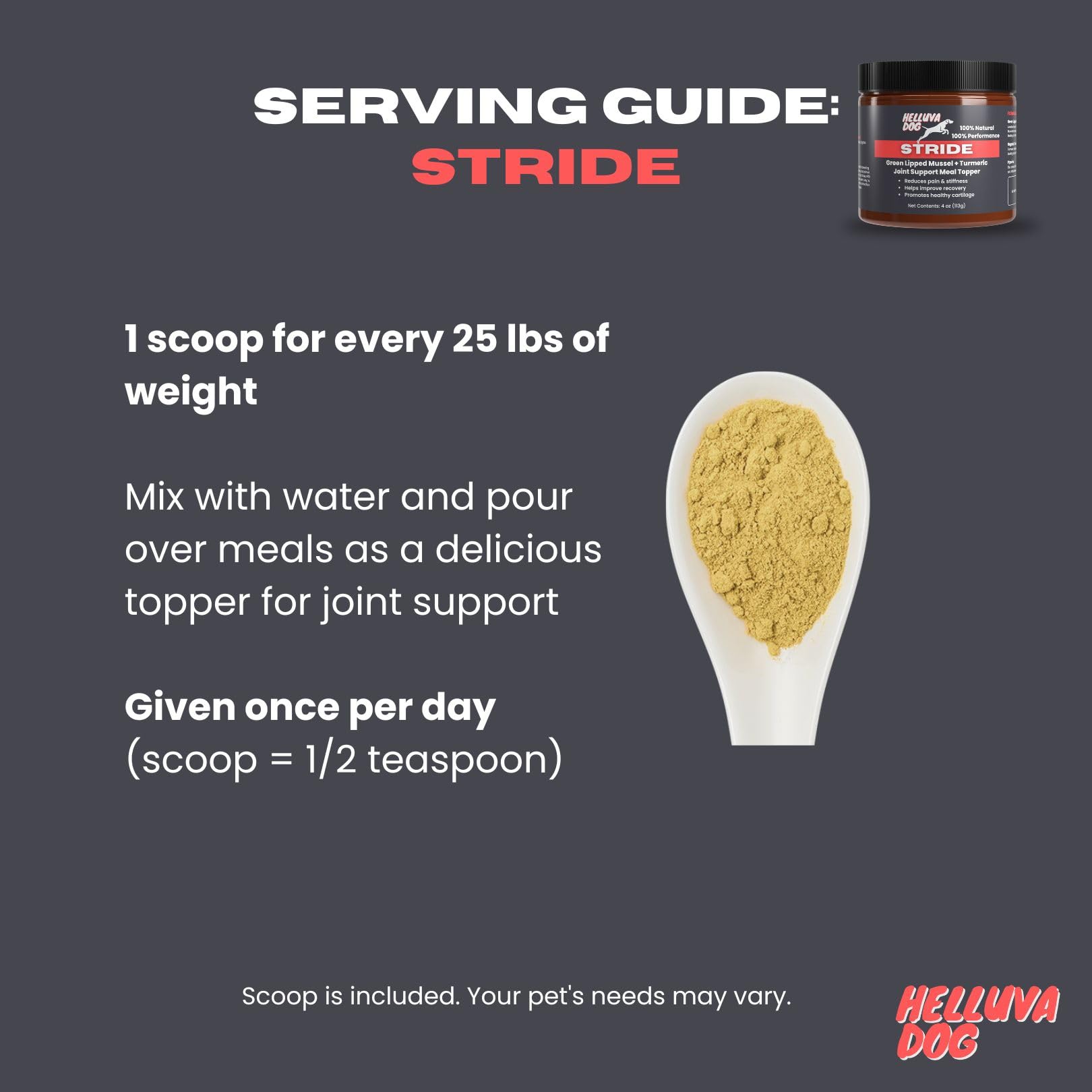 Homescape World Stride by Helluva Dog — Joint Support Meal Topper for Active Sporting Dogs — Green Lipped Mussel & Turmeric Powder for Mobility & Recovery 4oz