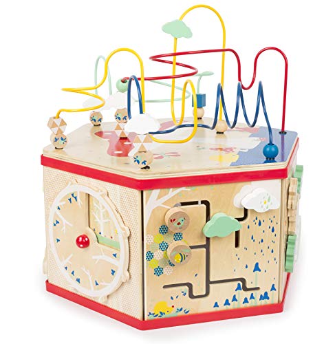 Wooden Activity Cube XL Size by Small Foot โ Classic 7-Sided Interactive Toy with Bead Maze, Puzzle, Shape Sorter, Clock & Wheels - Develops Kids Dexterity, Motor Skills โ Age 12+ months