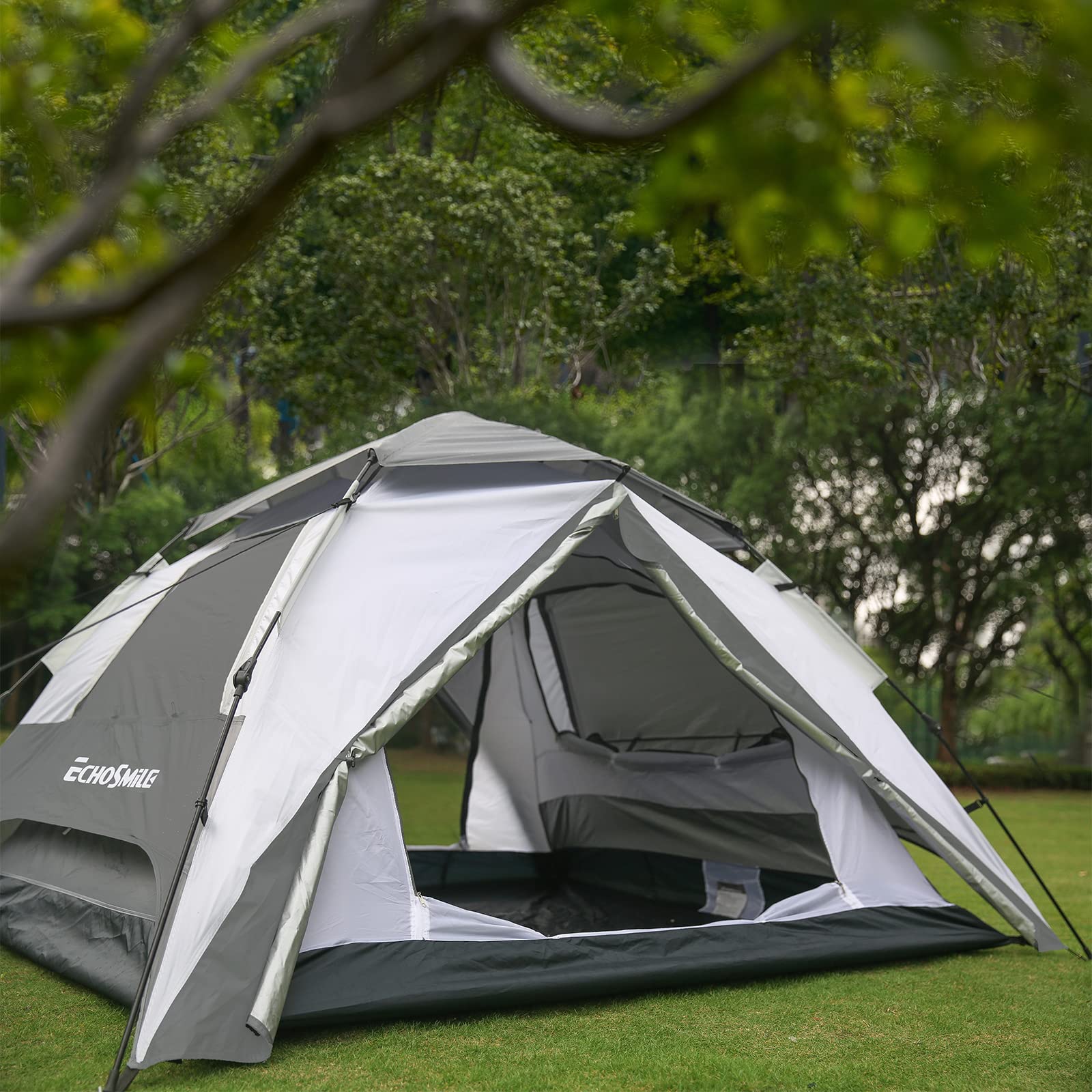 Echosmile Pop Up Tent Family Camping Tent, 4 Person Instant Tent, Easy Set Up Tent, Lightweight Portable Automatic Tent, Waterproof Dome Tent, Windproof Outdoor Backpacking Tent (Grey (with Rainfly))