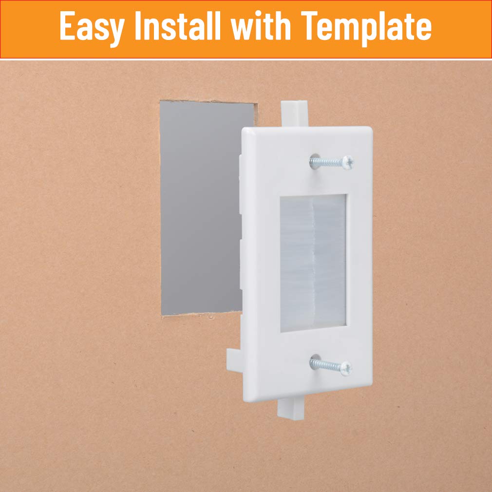 Wi4You Brush Wall Plate Built-in 1 Gang Low Voltage Mounting Bracket Large-Cut Cable Wall Plate Pass Through for Low Voltage Cables of Audio Video HDMI HDTV Home Theater White 2 Pack Cable Hider