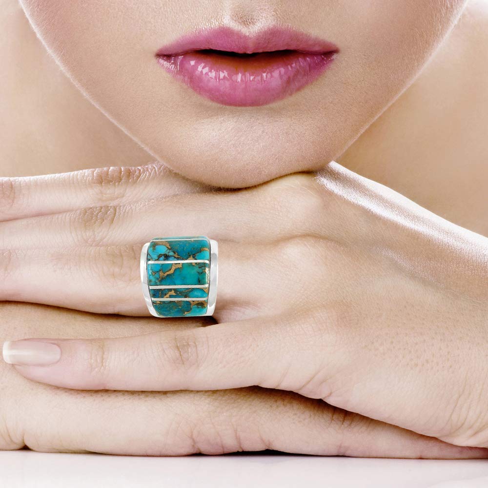 Wide Statement Ring in Sterling Silver Ring with Genuine Turquoise (SELECT color) (Teal/Matrix Turquoise, 7)