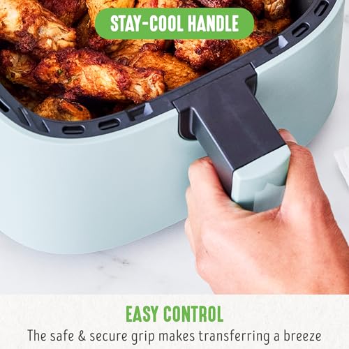 GreenLife 4.5QT Mechanical Air Fryer, PFAS-Free Ceramic Nonstick Crisper Drawer, Adjustable Temperature Timer Dial, LED Indicator, Easy Control, Dishwasher Safe, Compact Kitchen Essential, Blue Haze