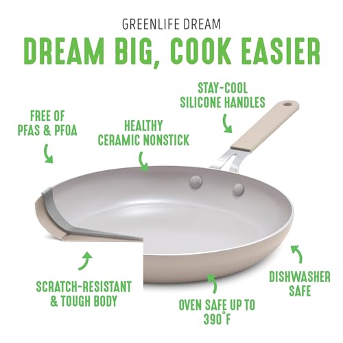 GreenLife Dream 10-Piece Ceramic Nonstick Cookware Set, Pots Frying & Sauce Pans, PFAS-Free & PFOA-Free, Dishwasher & Oven Safe, Stay-Cool Handles, Durable Aluminum Body, Versatile Cooking, Taupe