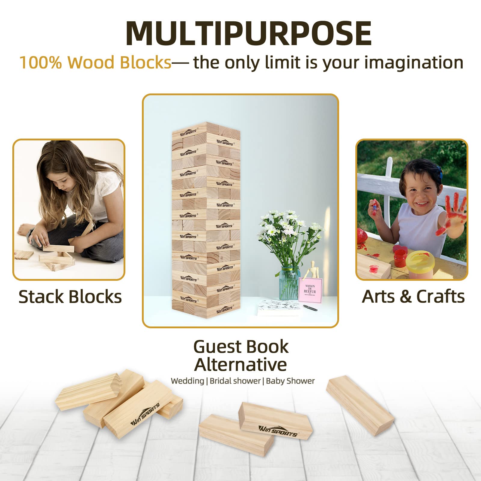 WIn SPORTS Giant Tumbling Timbers - Yard Games Large Wooden Tumble Tower Blocks Stacking Yard Game, with 1 Dice Set &Stacks to Over 5 FT,Made from Premium Pine (7.5"x2.5"x1.5", 54 PCS)