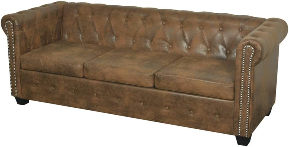 Chesterfield Sofa 3-Seater Brown Faux Leather (98.23lbs)
