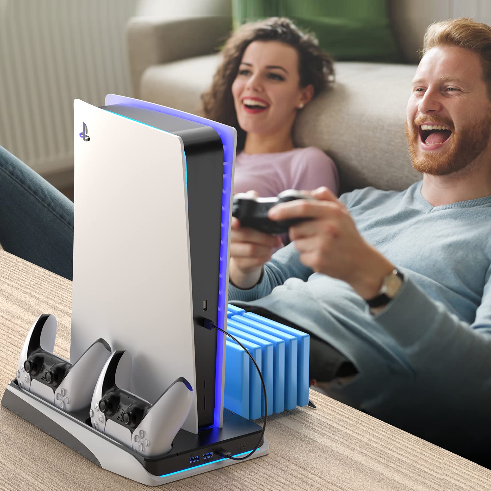 CYBERMIX PS5 Vertical Stand with Cooling Fans and Dual Controller Charger Station Compatible with Playstation 5 Disc & Digital Editions, Built-in 12 Game Storage, White+Black