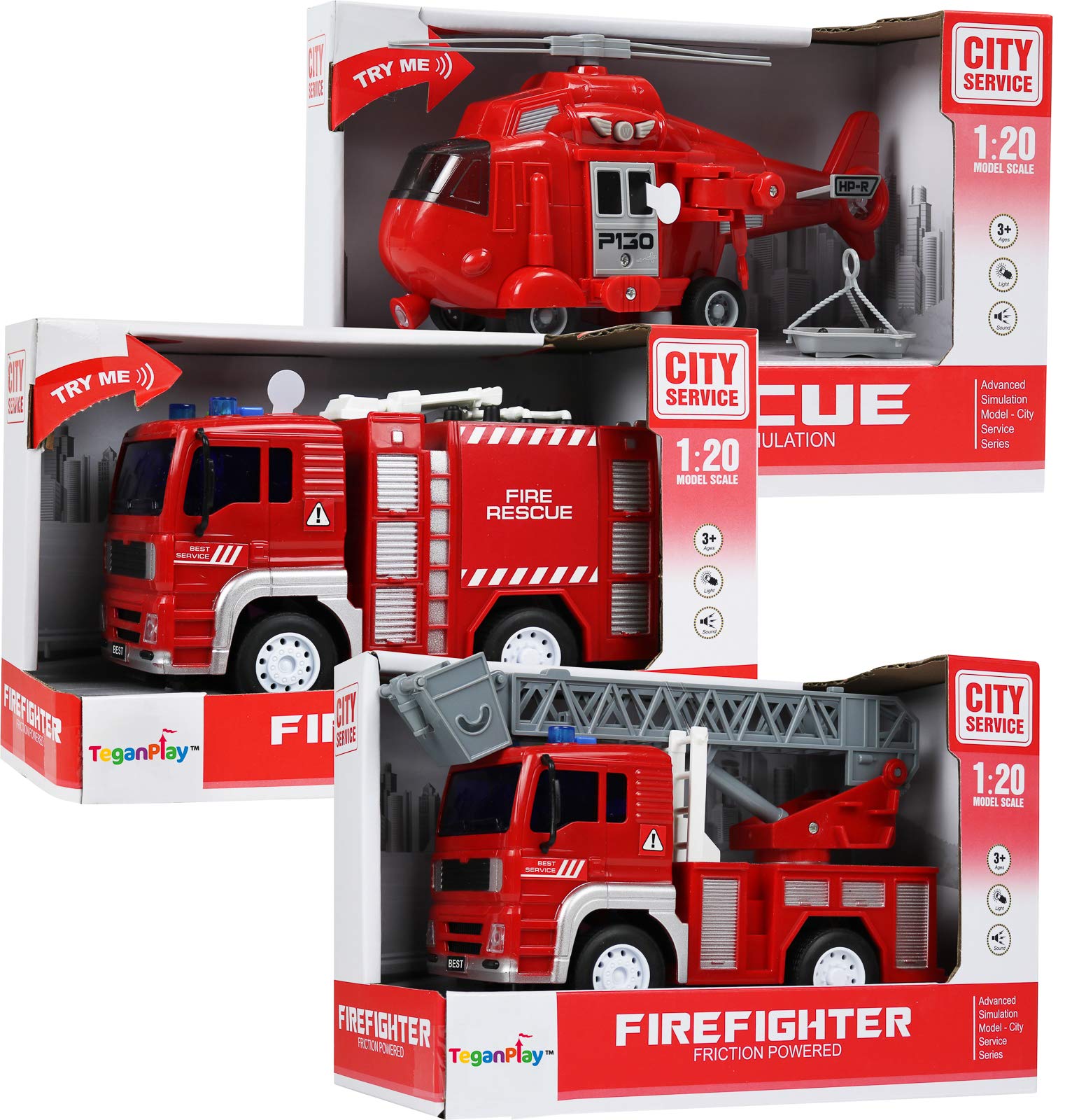 TeganPlay Fire Truck 3 Pack Friction Powered Fire Rescue Vehicle Car Set with Lights and Sounds Including Helicopter, Firefighter and Fire Engine Toys for Boys Toddlers