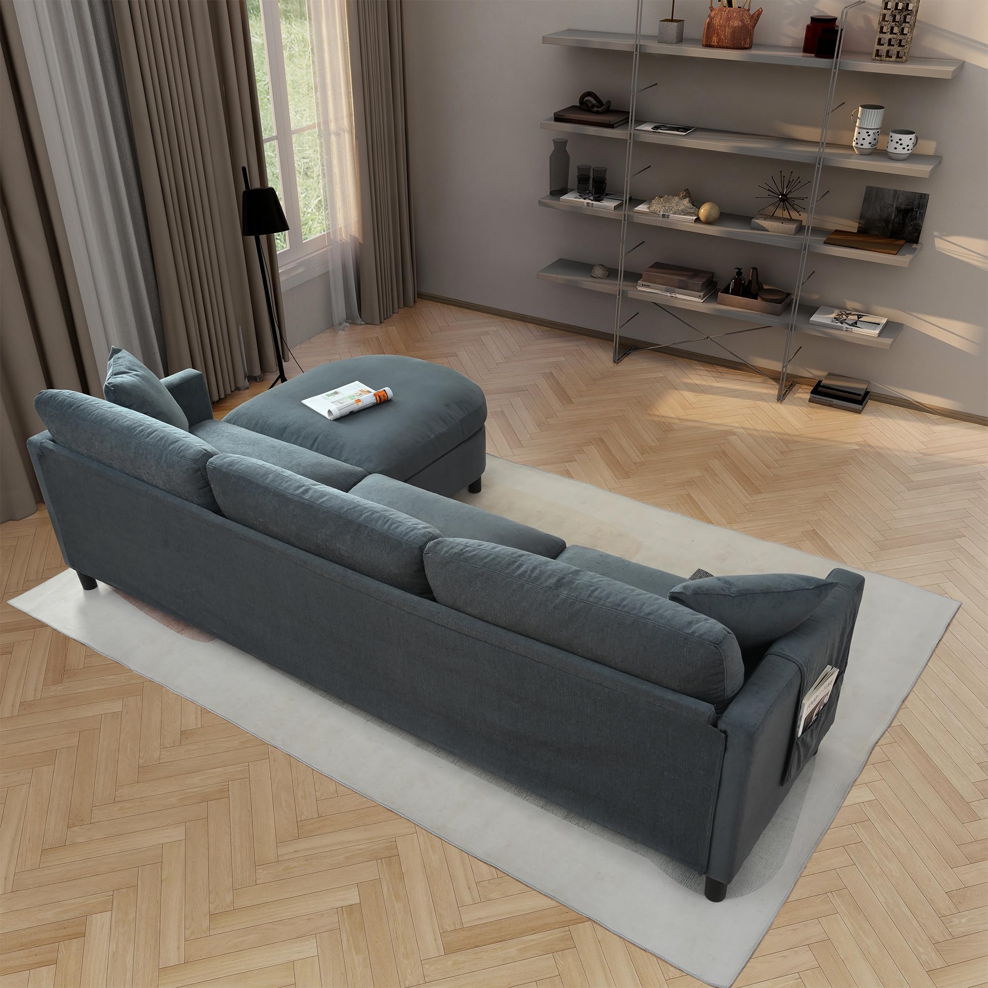 Hommoo L Shaped Sofa Sectional Couch for Home Living Room 3 Seat Couch with Removable Ottoman Comfy Linen Fabric Small Modern Couch for Apartment with Pillow 107β Grey