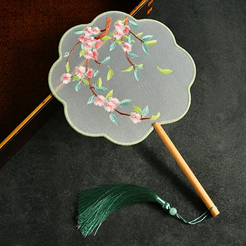 DTBBKsy Chinese Style Classical Ancientry Long Handle Double Sided Embroidery Machine Embroidery Circular Fan Han Chinese Clothing Hand Fan Folding Fan (Color : A)