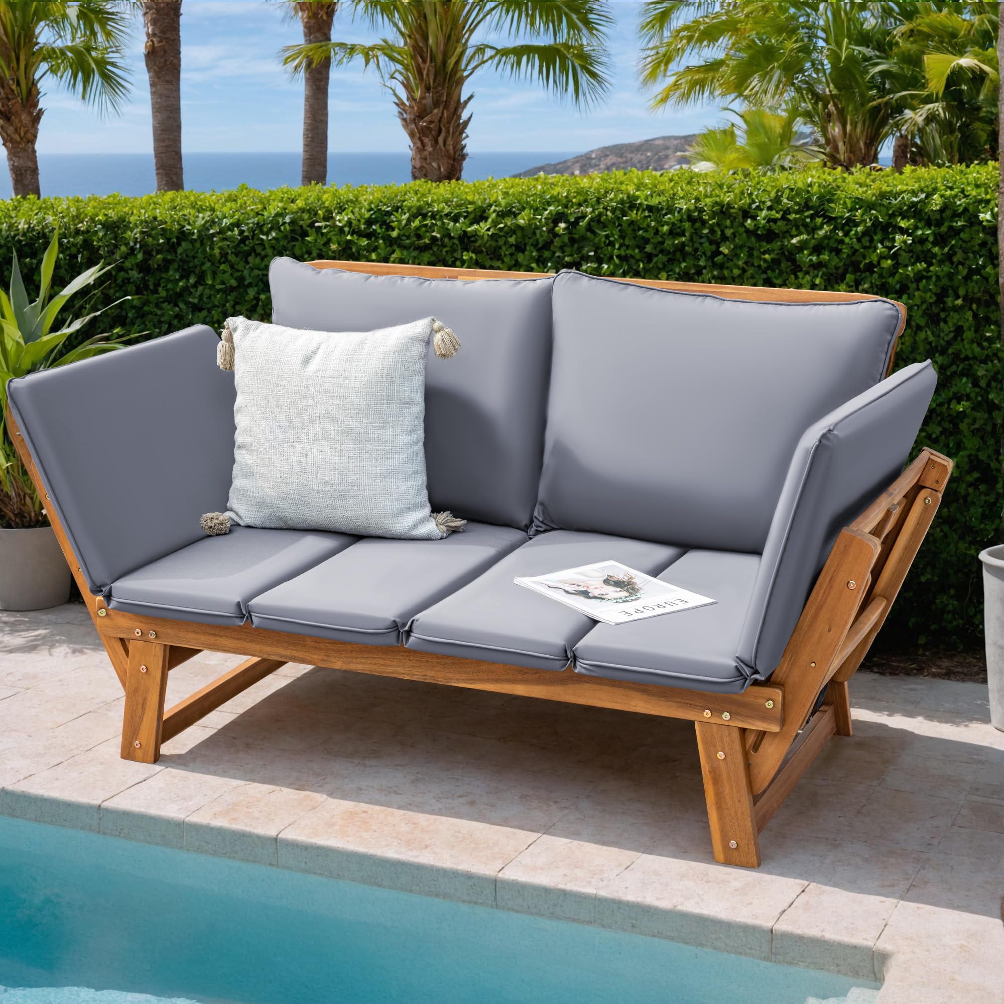 Greesum Patio Convertible Couch Sofa Bed with Adjustable Armrest, Acacia Wood Outdoor Daybed with Cushion & Pillow, Folding Chaise Lounge Bench for Porch Courtyard Poolside,Gray