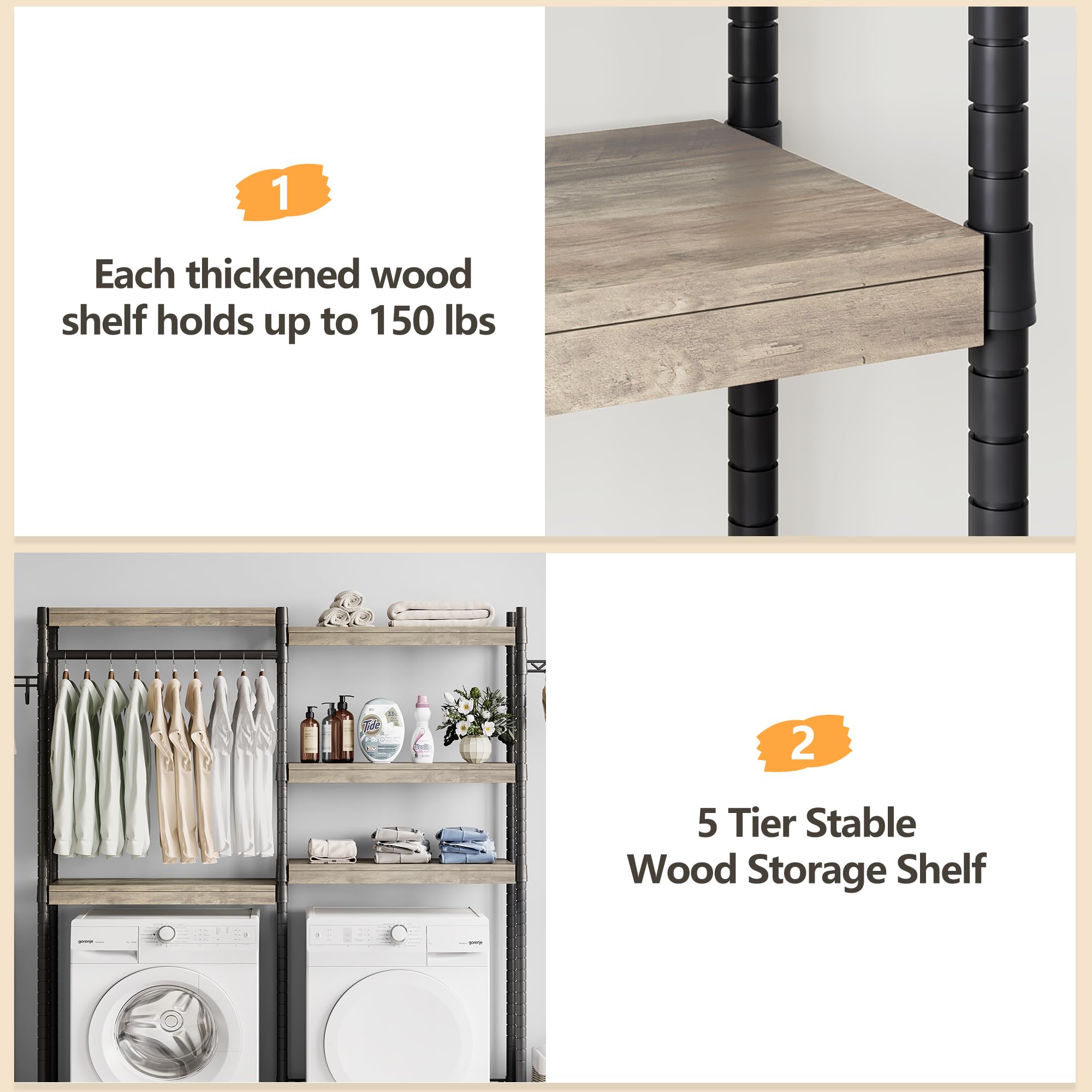 IDEALHOUSE Laundry Room Organization and Storage,5 Tier Wood Over The Washer and Dryer Storage Shelf with Drying Clothes Racks,Space Saver Heavy Duty Bathroom Laundry Shelf for Home Storage and Decor