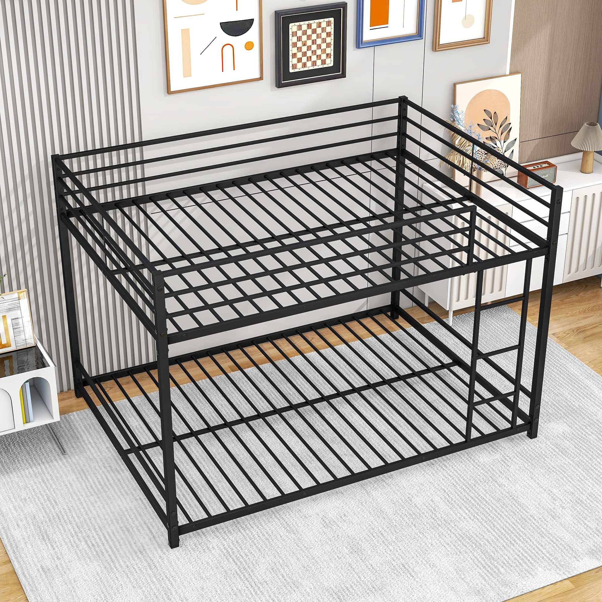 CNANXU Full Over Full Bunk Bed,Heavy Duty Metal Bunk Bed Frame with Ladder & Guardrail for Kids Bedroom,No Box Spring Required,Black