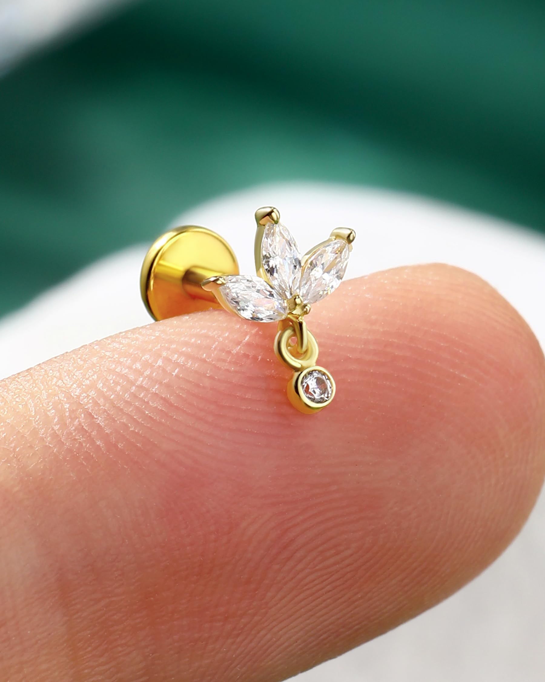 COCHARM 14k Solid Gold Dangling Helix Earings 18g Yellow Gold Cartilage Earrings Stud Real Gold Lotus Flower 18g Tragus Earrings Stud For Women