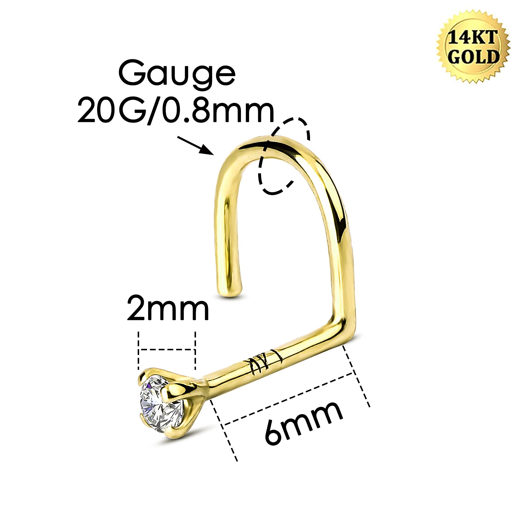 COCHARM 14K Solid Gold Nose Screw 20g Yellow Gold Diamond Nose Rings Tiny Sparkling Hypoallergenic Nose Screw Studs 14 Gold Nose Piercing