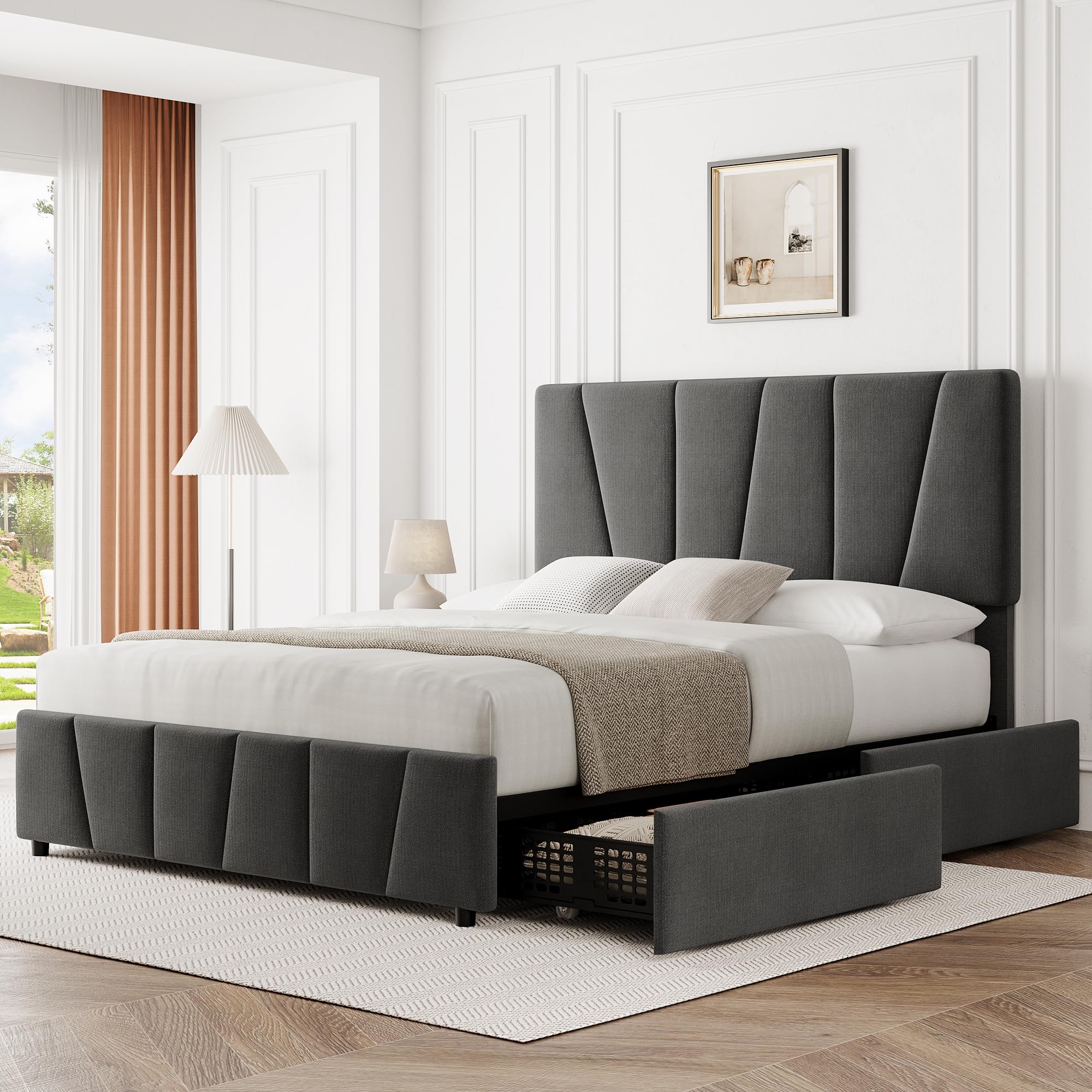 IDEALHOUSE Twin Size Bed Frame with Adjustable Headboard and 2 Storage Drawers, Upholstered Platform Bed Frame with Wooden Slats Support, No Box Spring Needed, Dark Grey