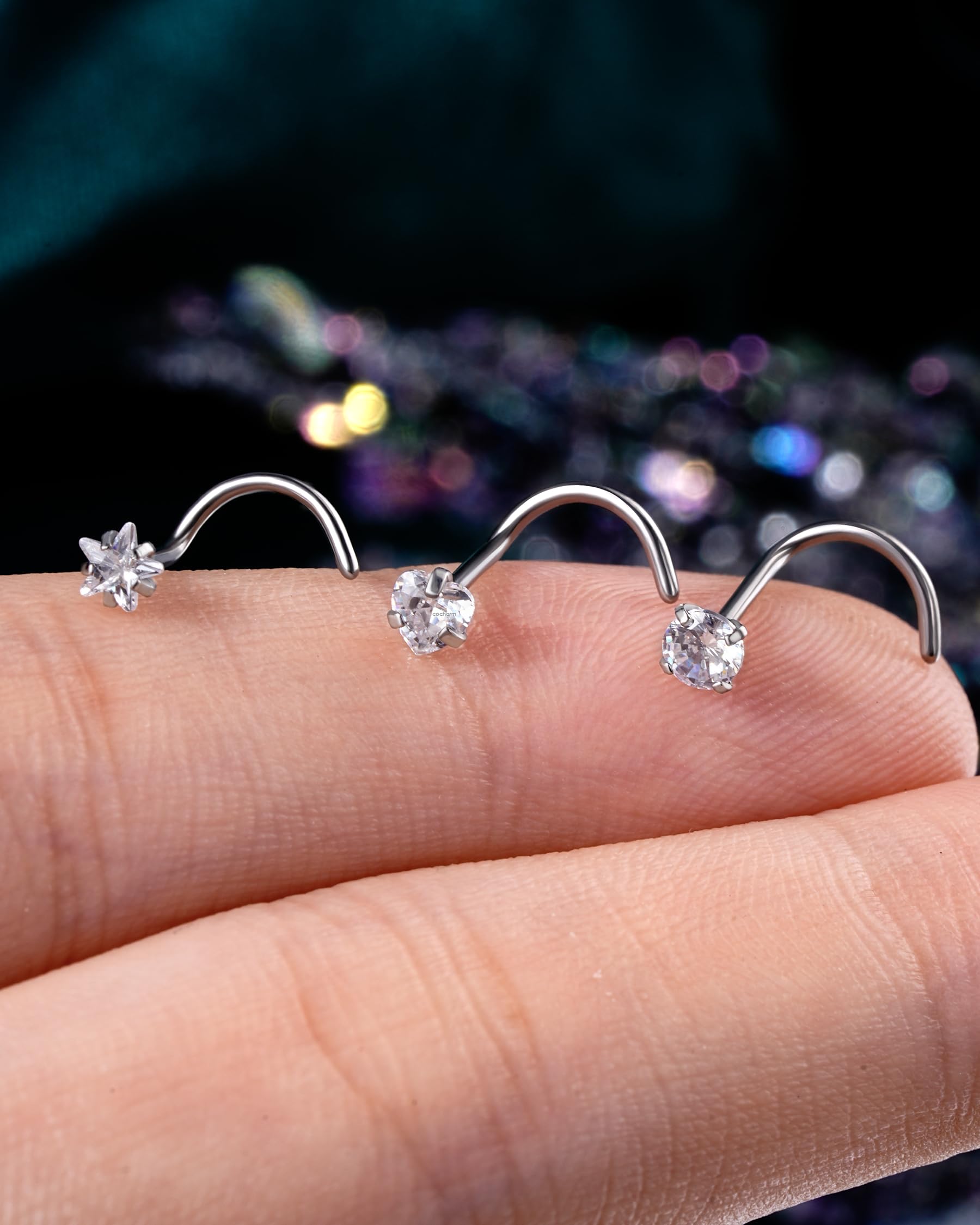 COCHARM 3pcs G23 Titanium 20g Nose Stud Pack Nose Piercing Stud Nose Rings for Women Surgical Steel Screw Nose Stud Star Heart Nose Stud Corkscrew Nose Jewelry Hypoallergenic