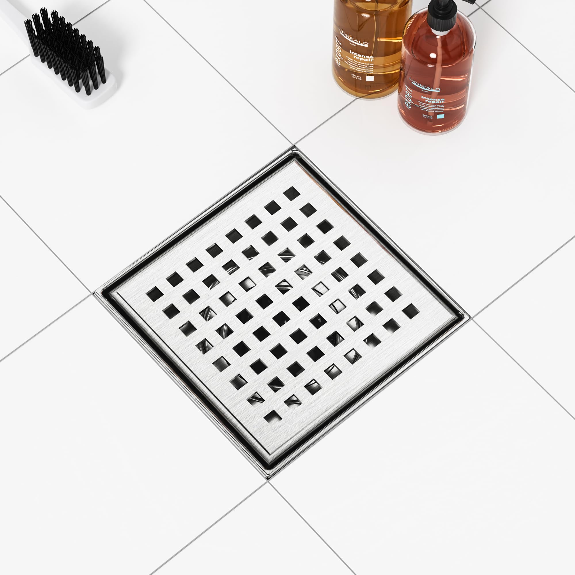 Neodrain 4-Inch Square Shower Drain with Removable Quadrato Pattern Grate, PVC Shower Drain Base and Rubber Gasket for Bathroom Floor Drain, Brushed 304 Stainless Steel, Includes Hair Strainer
