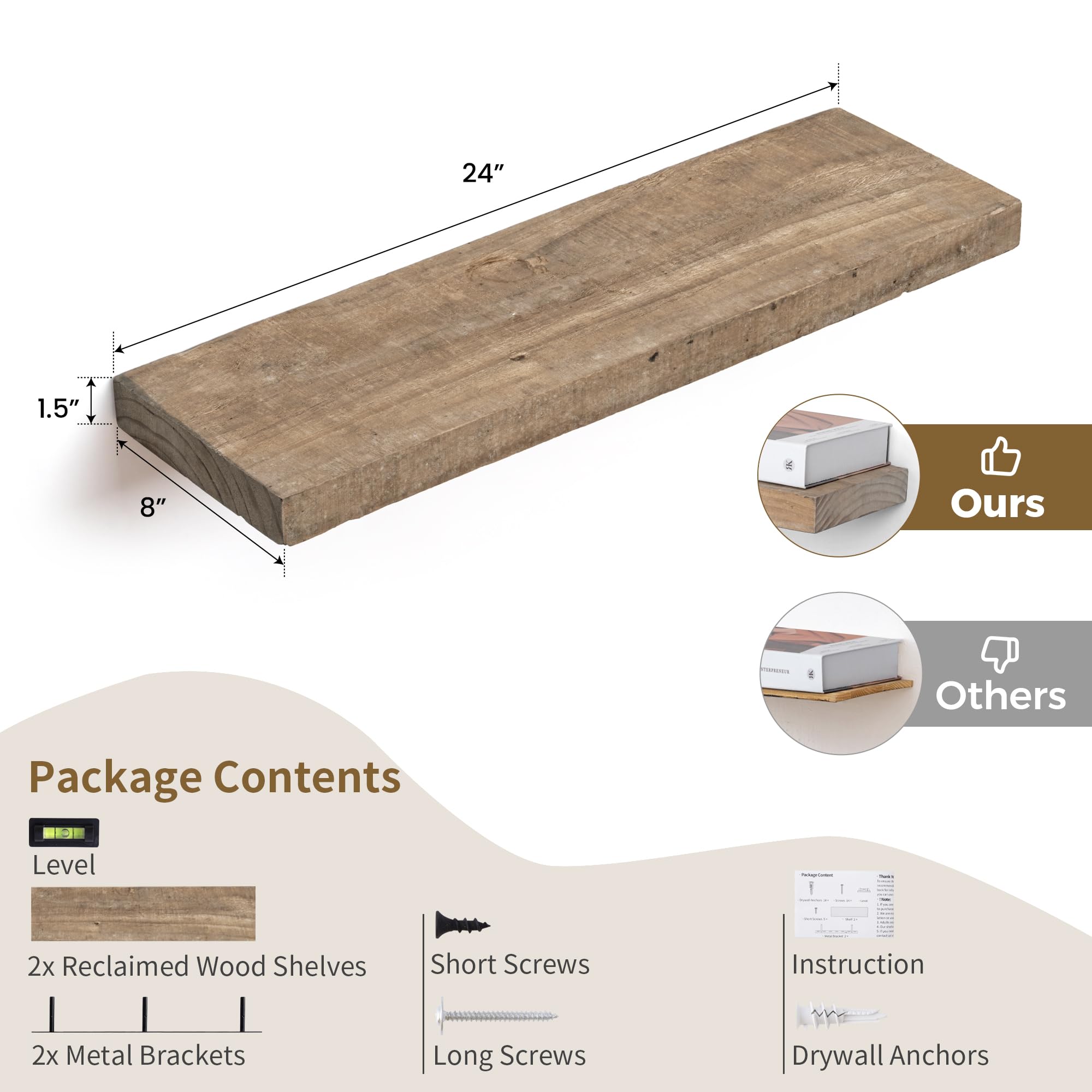 FLYJOE Floating Shelves | 8" Deep Rustic Reclaimed Barnwood Wall Hanging Shelves with Invisible Heavy-Duty Metal Bracket | Wall Mounted | Farmhouse Style | 36 inches, 2 PCs, Distressed Grey