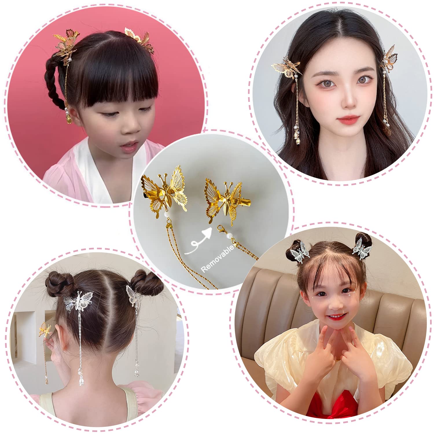 Flymind 6Pcs Moving Butterfly Tassel Hair Clips, Elegant Antique Side Hairpins Decorative Accessories for Women Girls (Silver)