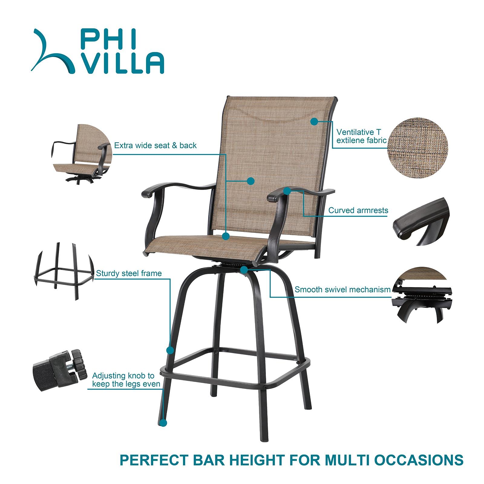 PHI VILLA 3 PCS Patio Swivel Bar Set Outdoor Furniture Bar Height Bistro Set, 2 Bar Stools and 1 Table