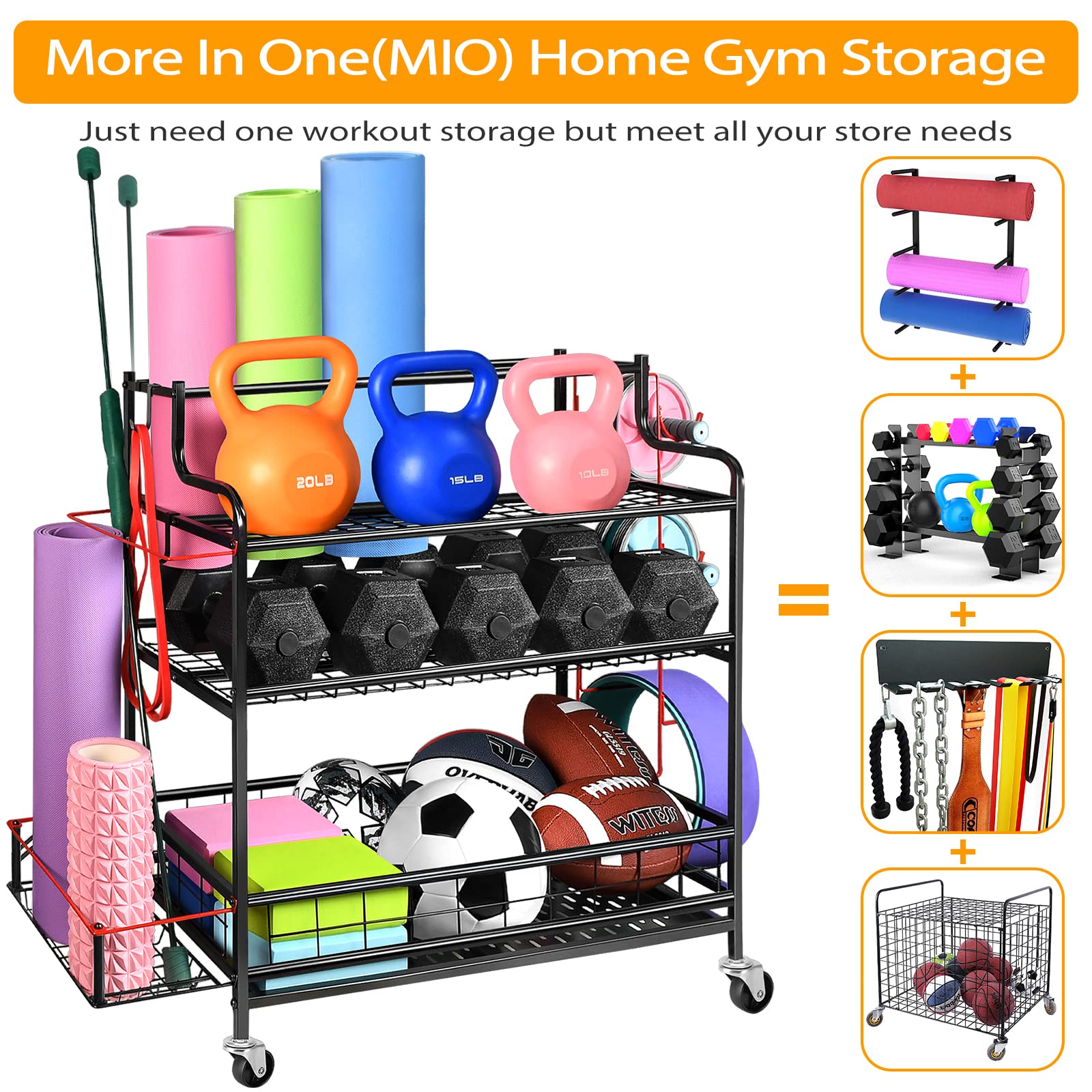 Dumbbell Rack Weight Stand SPIDERCAMP 4 Tier Yoga Mat Storage Rack Home Gym Storage Rack Upgraded Weight Rack for Dumbbells Workout Equipment Storage Organizer Garage Storage Rack With Lockable