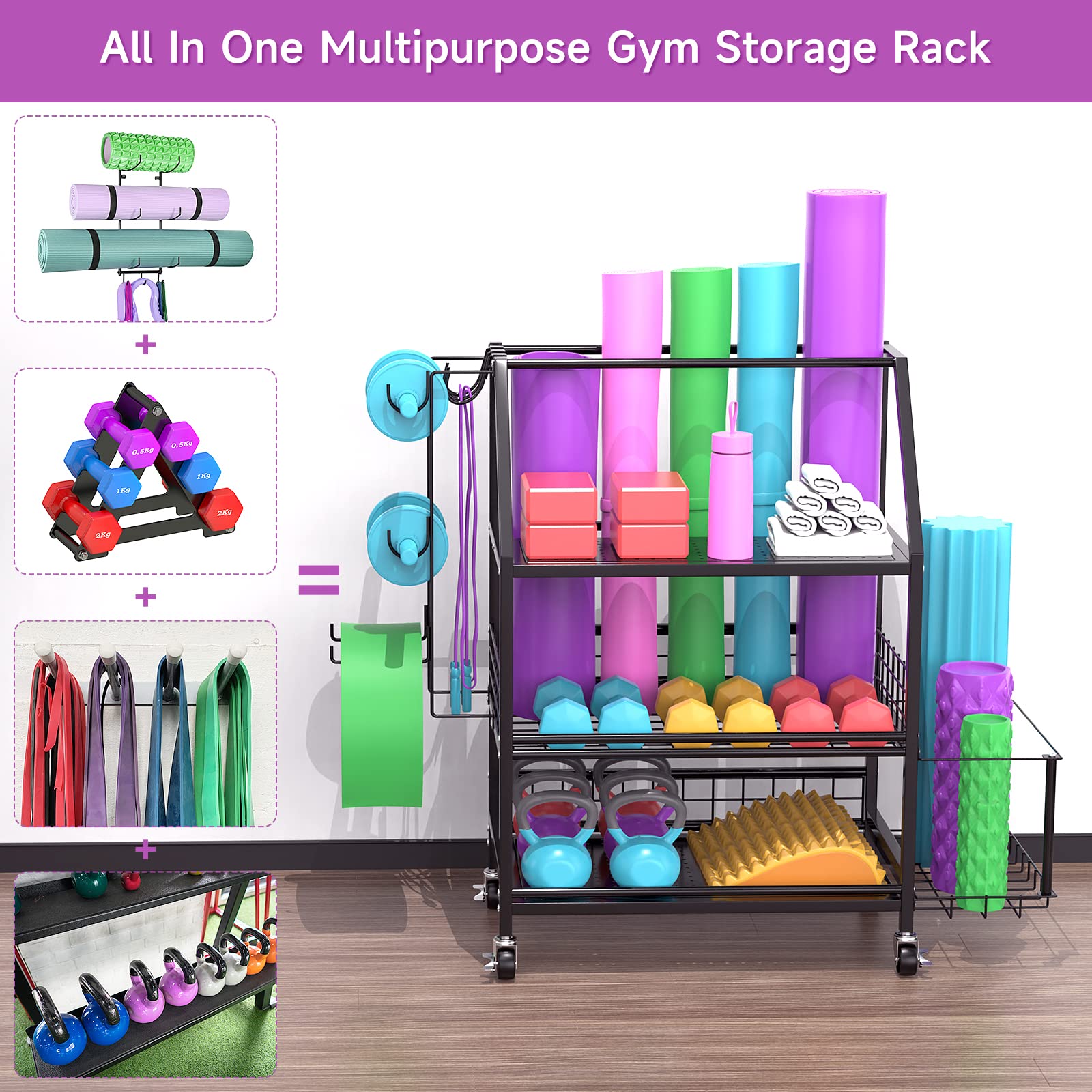 Dumbbell Rack-Yoga Mat Racks with Wheels and Hooks-Weight Rack for Dumbbells-Home Gym Storage Rack for Dumbbells Kettlebells Foam Roller, Yoga Strap, Resistance Bands & Strength Training Equipment