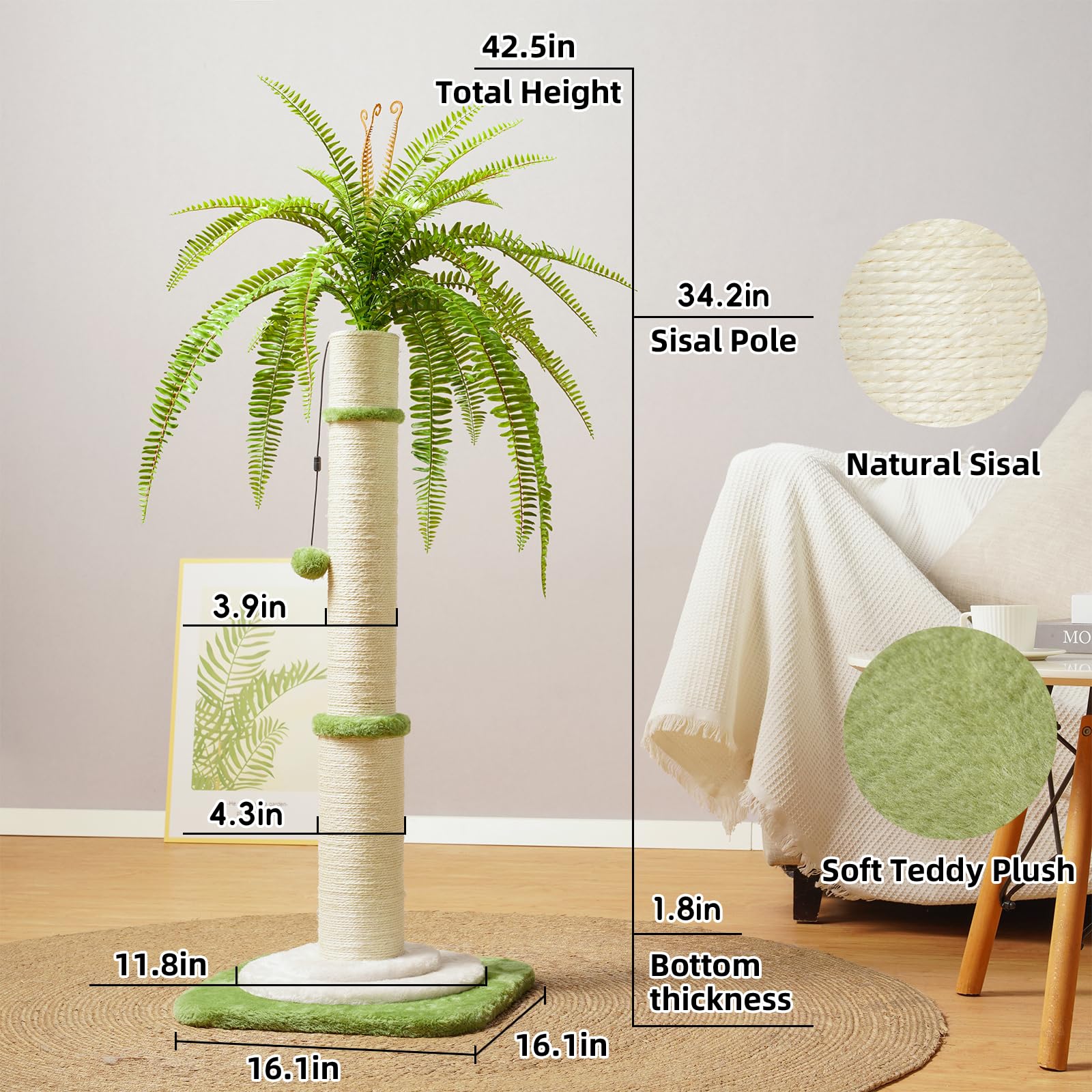 Honcet 42" Tall Cat Scratching Post - Durable Cat Scratching Posts for Indoor Cats, Ideal for Large Cats, Ensures Long-Lasting Cat Satisfaction