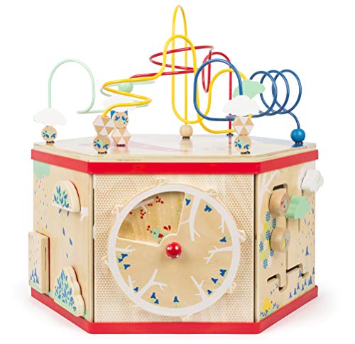 Wooden Activity Cube XL Size by Small Foot โ Classic 7-Sided Interactive Toy with Bead Maze, Puzzle, Shape Sorter, Clock & Wheels - Develops Kids Dexterity, Motor Skills โ Age 12+ months