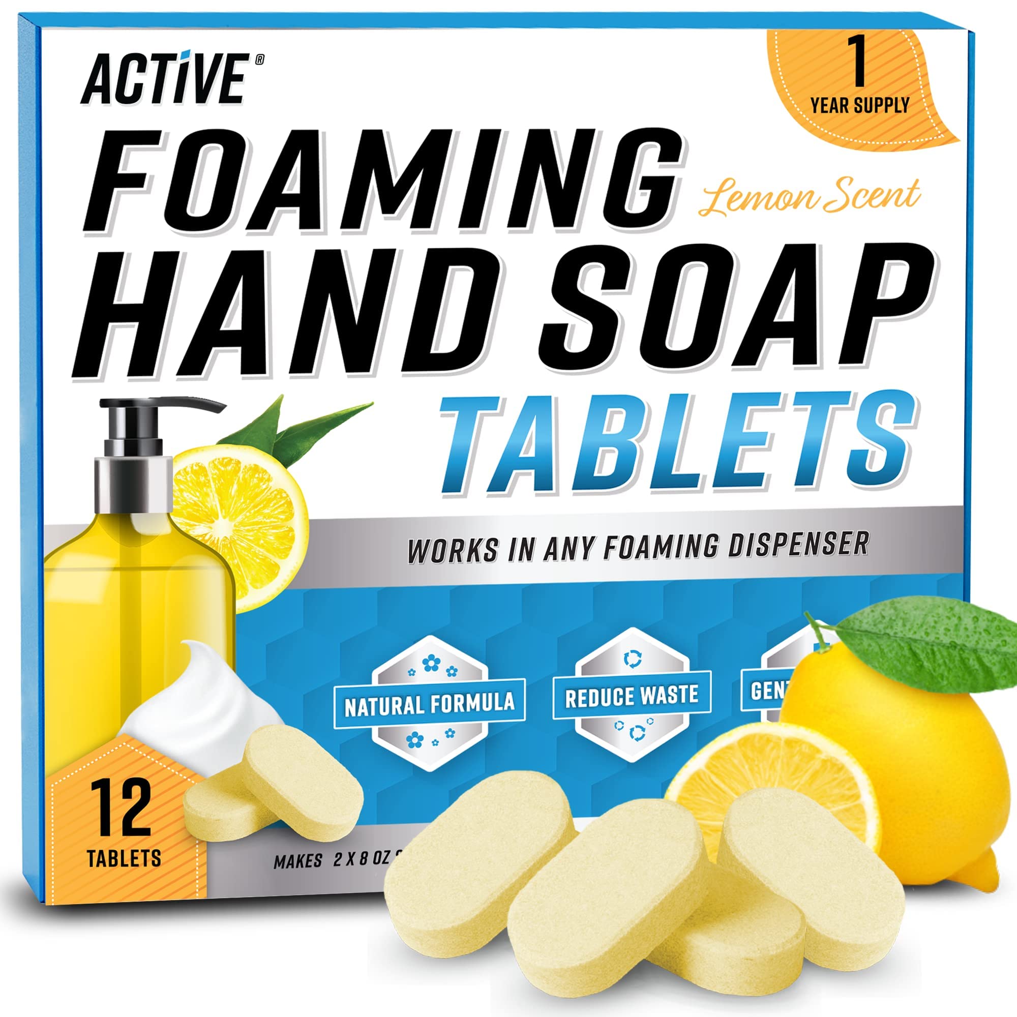 Foaming Hand Soap Tablet Refill - 12 Pack Eco Friendly Hand Wash Tablets, Zero Waste Handwash Concentrate - Equivalent To 96 Fl Oz Liquid (Fills 12 X 8 fl oz Refillable Foam Dispenser) - Lemon Scent