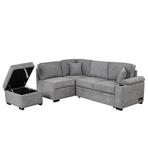 Convertible L-Shaped 5-Seat Sectional Sofa with Sleeper, Storage, and Cup Holders