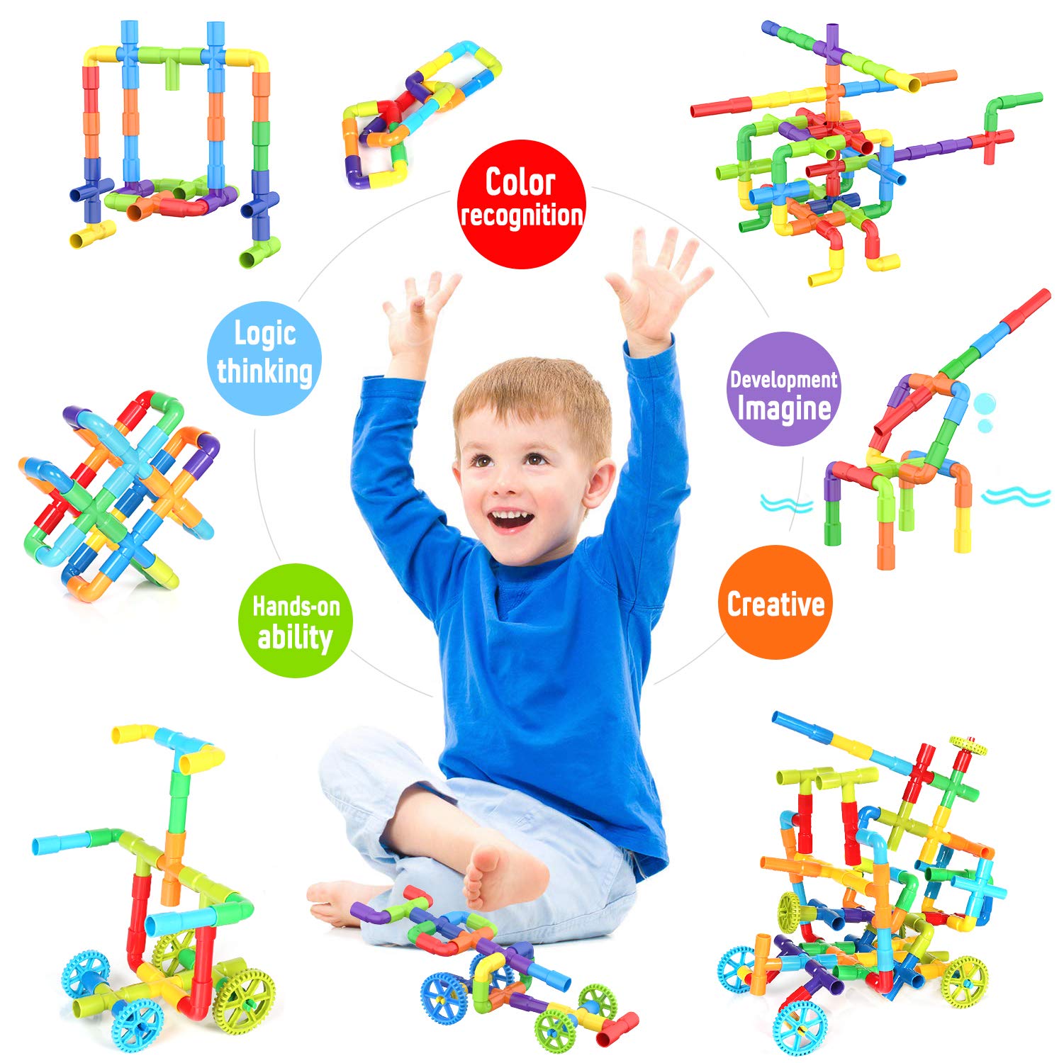 WishaLife 175 Pieces STEM Building Blocks Set, Kids Tube Locks Construction Set with Baseplate, Preschool Educational Pipe Toy Gift for Toddler Aged 3+