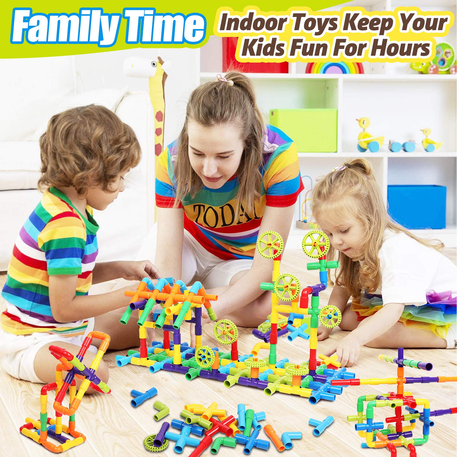 WishaLife 250 Pieces STEM Building Blocks Set, Kids Tube Locks Construction Set with Storage Box, Preschool Educational Learning Pipe Toy Gift for Toddler Aged 3+