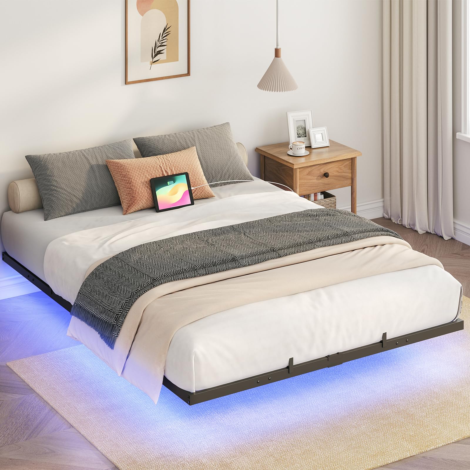 HOOBRO Floating Bed Frame King Size, Bed Frame with Charging Station and LED Lights, Industrial Style Metal Platform King Bed, Soundless, No Box Springs Needed, Black