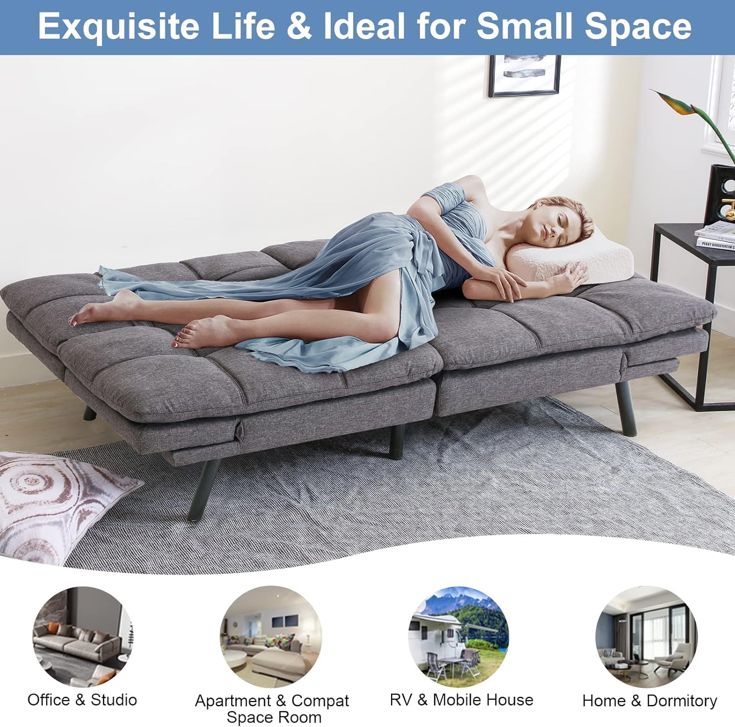 MUUEGM Convertible Futon Couch Bed Sofa,Loveseat Sleeper Sofa Bed Couch,Memory Foam Modern Futon Adjustable Armrest and Backres,Sleeping Sofa for Living Room,Small Space,Apartment Office,Dark Gray