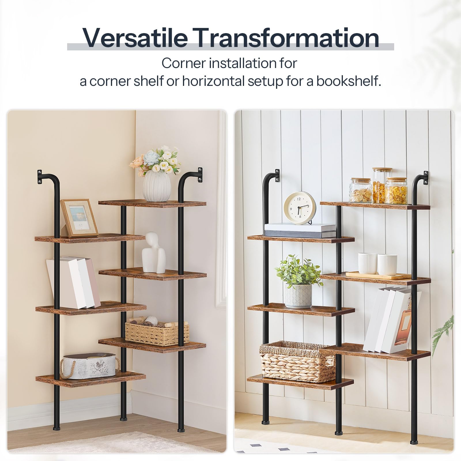 HOOBRO L-Shaped Ladder Shelf, 6-Tier Corner Bookshelf, Corner Wall Mount Bookcase, Display Shelf for Small Spaces, Anti-Tip Design, for Living Room, Balcony, Study, Rustic Brown and Black BF76CJ01