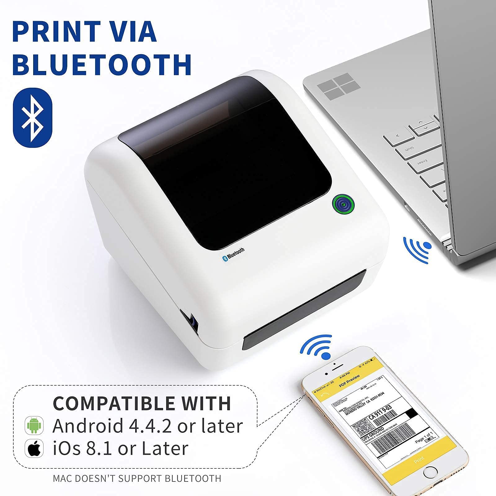 JADENS Bluetooth Thermal Shipping Label Printer - High Speed 4x6, Bluetooth Support PC and Mobile, USB for MAC, Bluetooth for PC and Phone, Compatible with Ebay, Amazon, Shopify, Etsy, USPS Barcode