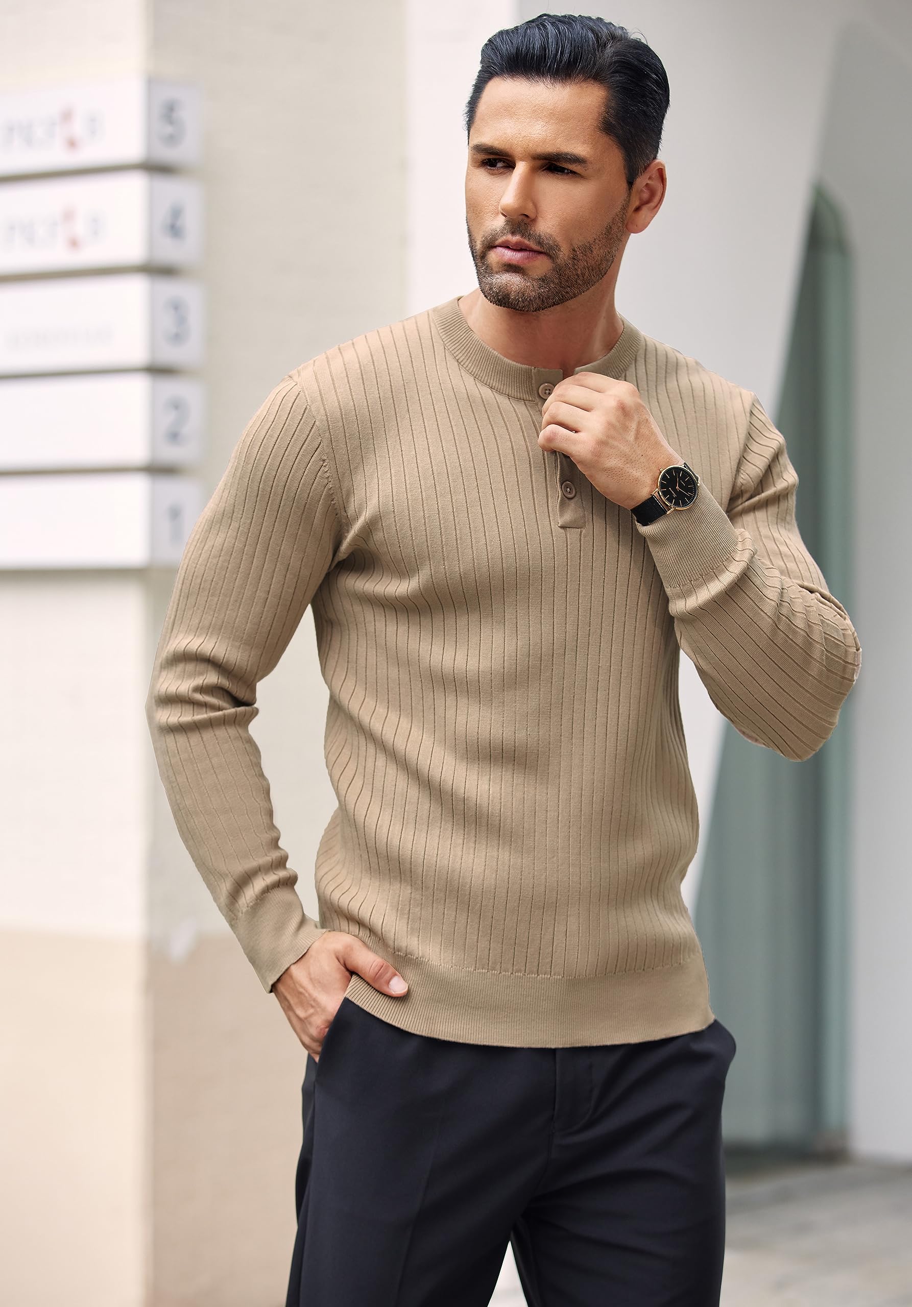 COOFANDY Men's Long Sleeve Knit Henley Shirts Casual Henley T-Shirts Lightweight Ribbed Sweater Khaki
